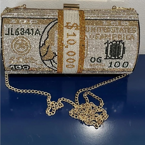 Bags | 10 Dollar Bill Purse Crystal Clutch Bag Stack Of Money Silver ...